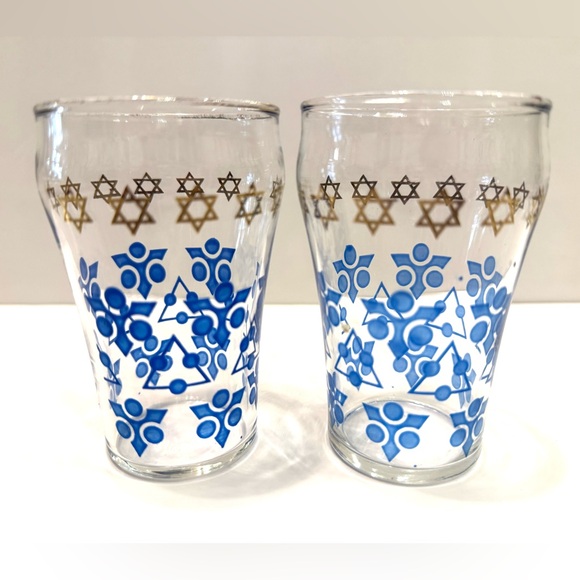 Dining | Vintage Glass Tumblers Blue Geometric Design Gold Star Of ...